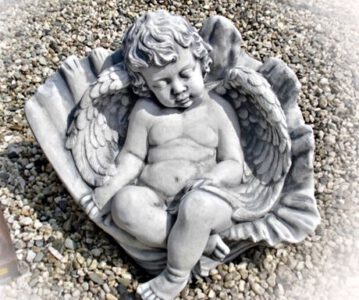 Engel slapend in schelp. Mooi weerbestendig tuinbeeld in uw tuin.